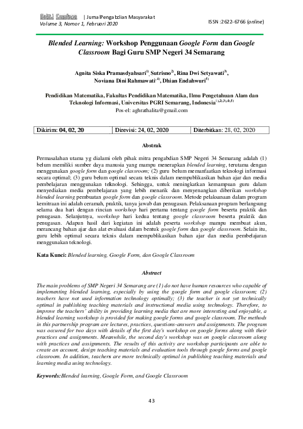 (PDF) Blended Learning: Workshop Penggunaan Google Form dan Google Classroom Bagi Guru SMP ...