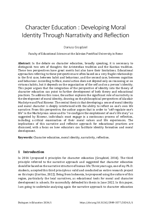 (PDF) Character Education : Developing Moral Identity Through ...