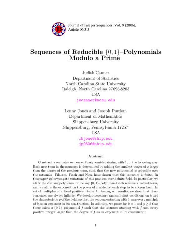(PDF) Sequences of Reducible f0; 1g{Polynomials Modulo a Prime
