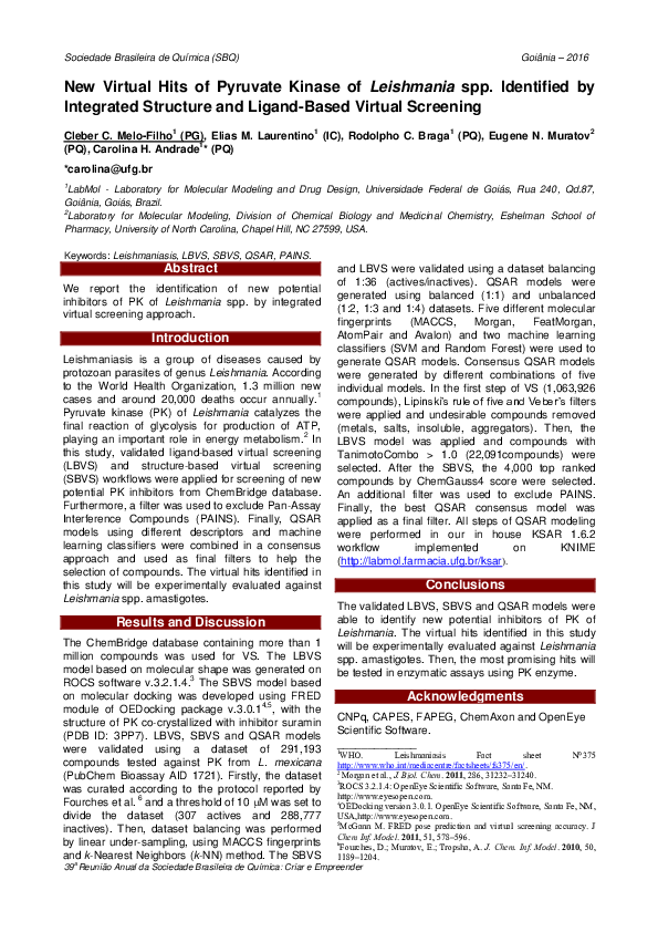 (PDF) New Virtual Hits of Pyruvate Kinase of Leishmania spp . Identified by Integrated Structure ...