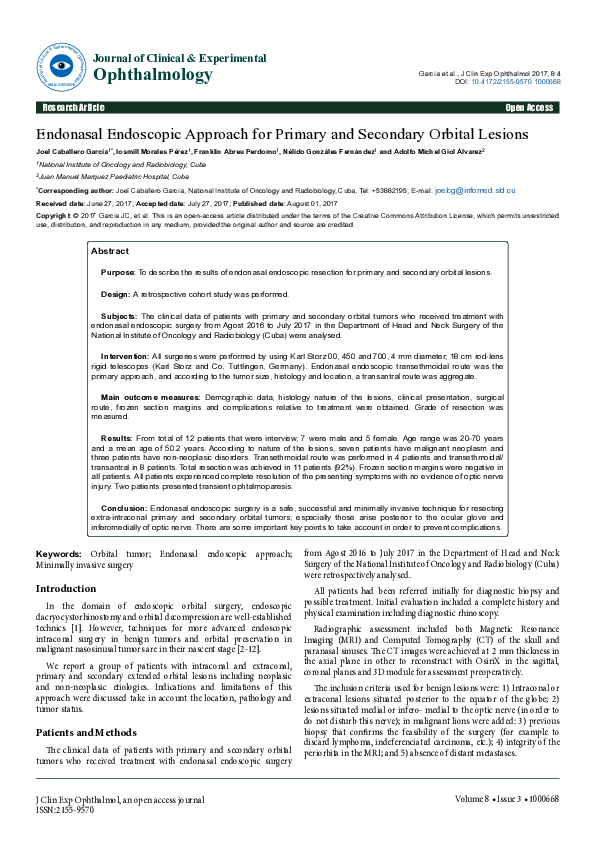(PDF) Endonasal Endoscopic Approach for Primary and Secondary Orbital ...
