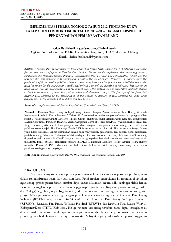 (PDF) Implementasi Perda Nomor 2 Tahun 2012 Tentang RTRW Kabupaten Lombok Timur Tahun 2012-2032 ...