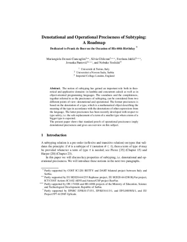 (PDF) Denotational and Operational Preciseness of Subtyping: A Roadmap | Mariangiola Dezani ...
