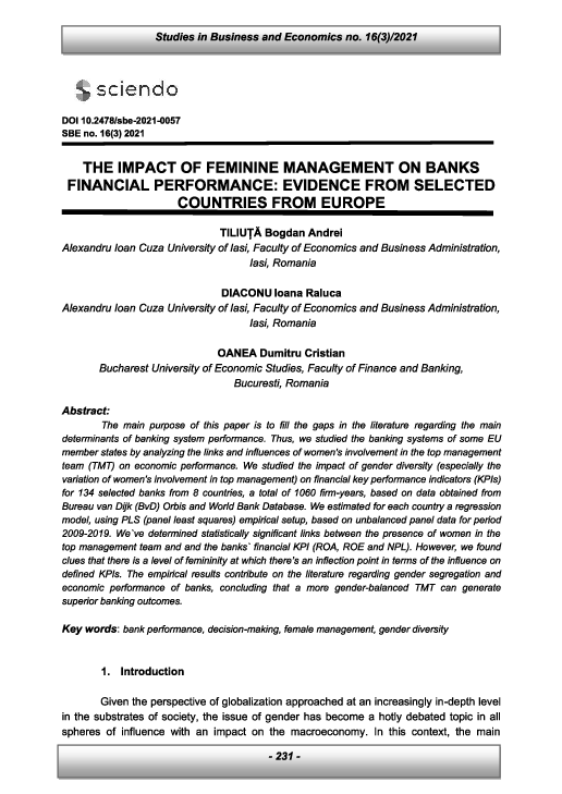 (PDF) The Impact of Feminine Management on Banks Financial Performance: Evidence from Selected ...