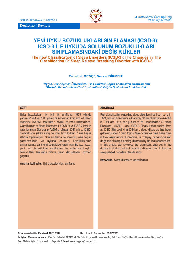 (PDF) Yeni̇ Uyku Bozukluklari Siniflamasi (ICSD-3): ICSD-3 İle Uykuda Solunum Bozukluklari ...