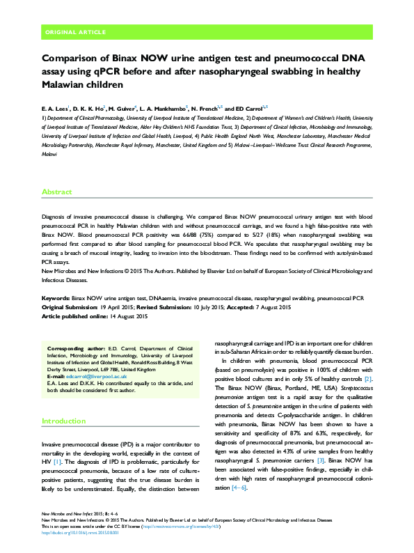 (PDF) Comparison of Binax NOW urine antigen test and pneumococcal DNA ...