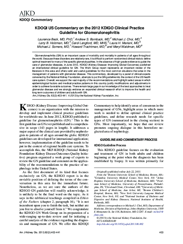 (PDF) KDOQI US Commentary on the 2012 KDIGO Clinical Practice Guideline for Glomerulonephritis