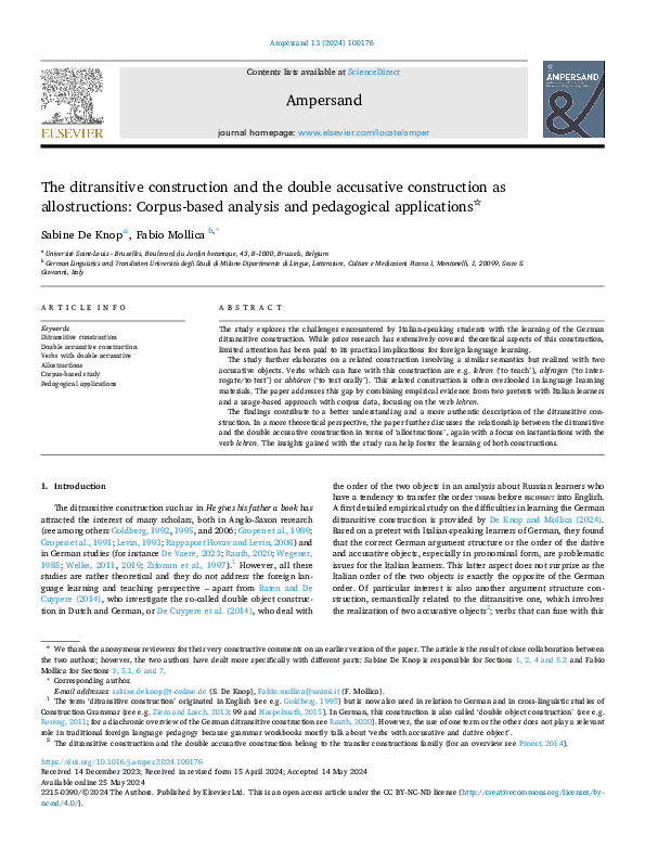 (PDF) The ditransitive construction and the double accusative ...