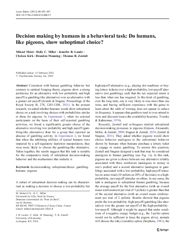 (PDF) Decision making by humans in a behavioral task: Do humans, like ...