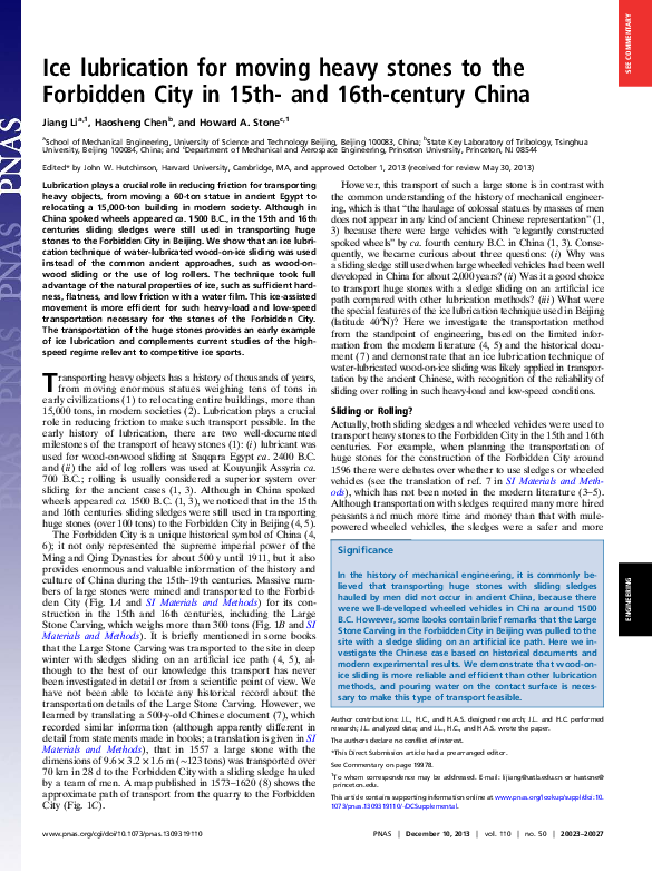 (PDF) Ice lubrication for moving heavy stones to the Forbidden City in ...