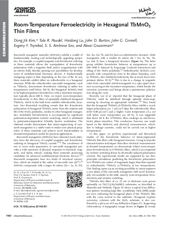 (PDF) Room-temperature ferroelectricity in hexagonal TbMnO3 thin films