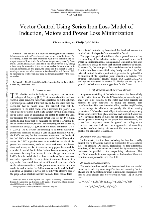 (PDF) Vector Control Using Series Iron Loss Model Of Induction, Motors ...