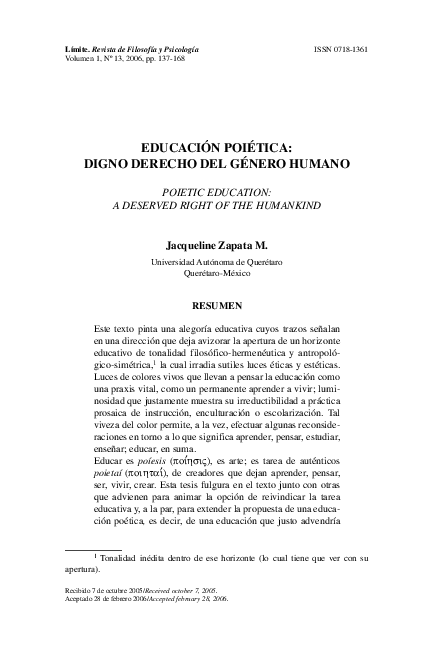 (PDF) Límite. Revista de Filosofía y Psicología EDUCACIóN POIÉTICA ...