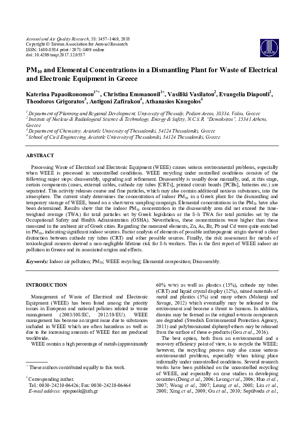 (PDF) PM10 and Elemental Concentrations in a Dismantling Plant for ...