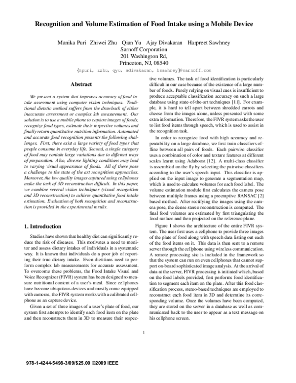(PDF) Recognition and volume estimation of food intake using a mobile device