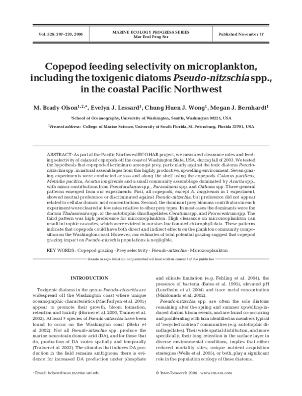 (PDF) Copepod feeding selectivity on microplankton, including the toxigenic diatoms Pseudo ...