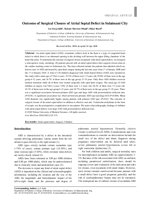 (PDF) Outcome of Surgical Closure of Atrial Septal Defect in Sulaimani ...