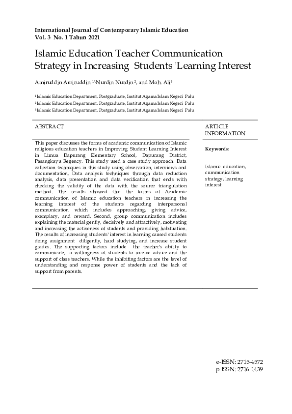 (PDF) Islamic Education Teacher Communication Strategy in Increasing Students 'Learning Interest