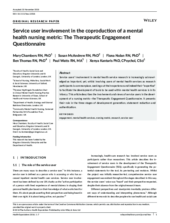 (PDF) Service user involvement in the coproduction of a mental health ...