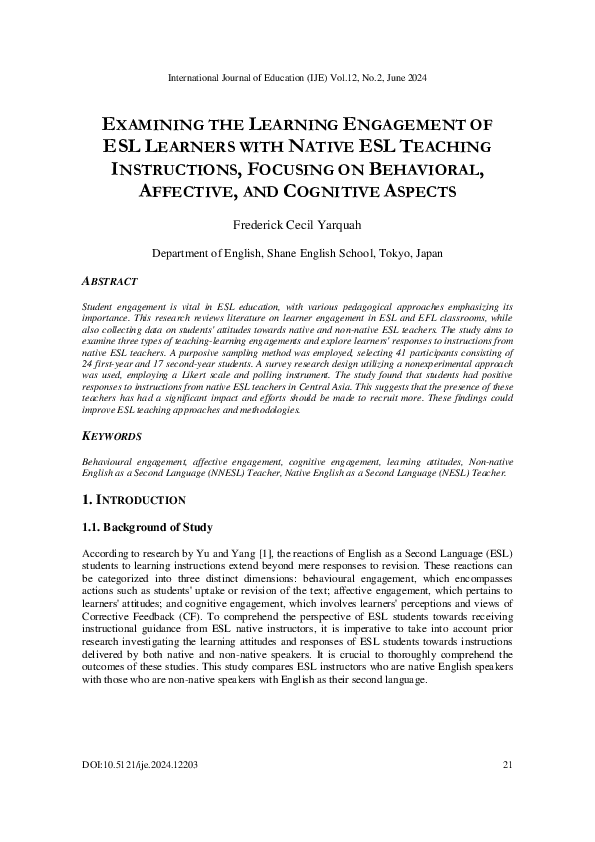 (PDF) Examining the Learning Engagement of ESL Learners with Native ESL Teaching Instructions ...