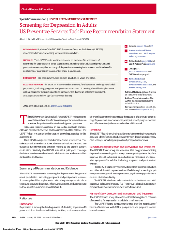 (PDF) Screening for Depression in Adults