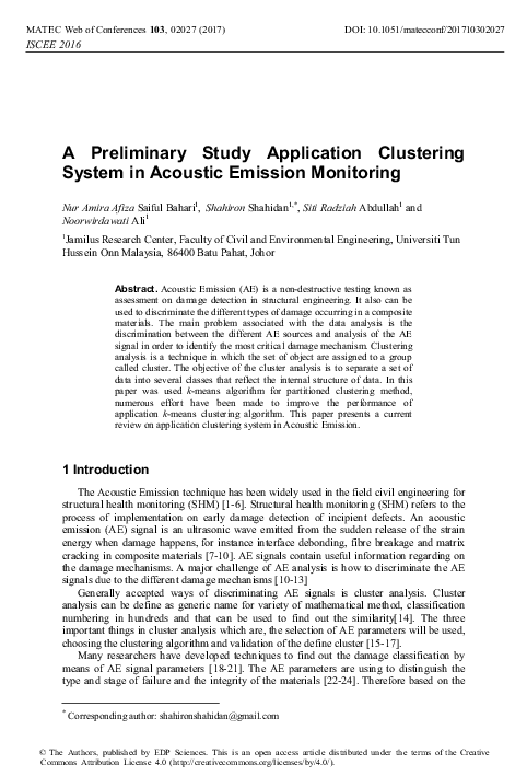 (PDF) A Preliminary Study Application Clustering System in Acoustic Emission Monitoring