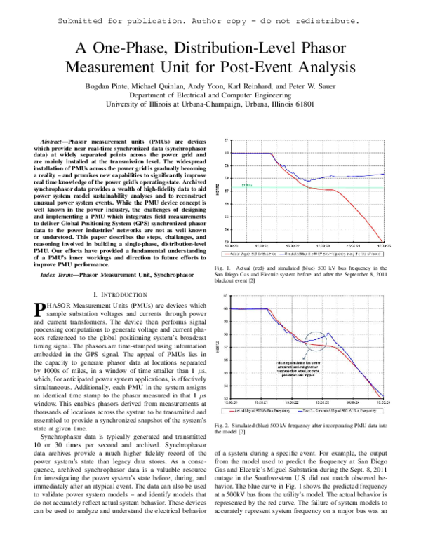 Pdf A One Phase Distribution Level Phasor Measurement Unit For Post Event Analysis