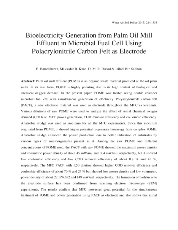 (PDF) Bioelectricity Generation from Palm Oil Mill Effluent in ...