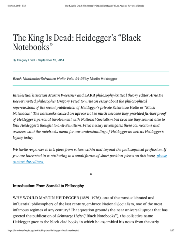 (PDF) The King Is Dead: Martin Heidegger after the Black Notebooks