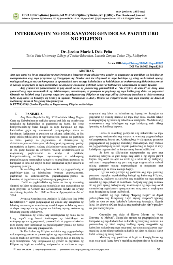 (PDF) Integrasyon NG Edukasyong Gender Sa Pagtuturo NG Filipino