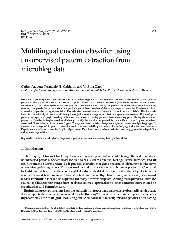 Pdf Multilingual Emotion Classifier Using Unsupervised Pattern Extraction From Microblog Data
