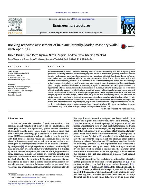 (PDF) Rocking response assessment of in-plane laterally-loaded masonry walls with openings