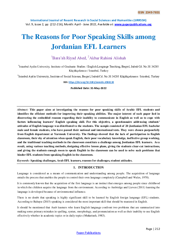 (PDF) The Reasons for Poor Speaking Skills among Jordanian EFL Learners
