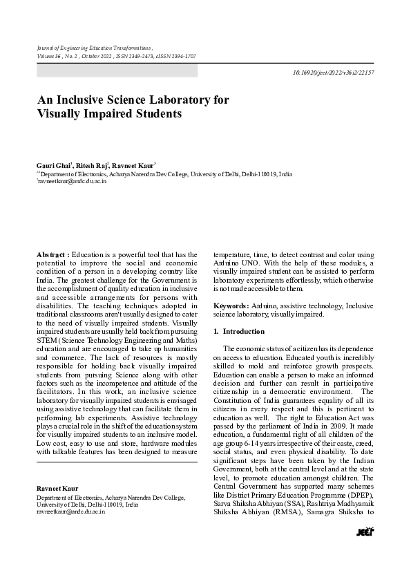 (PDF) An Inclusive Science Laboratory for Visually Impaired Students