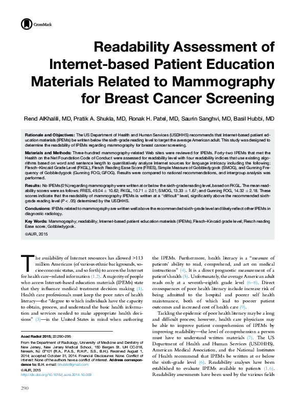 (PDF) Readability assessment of internet-based patient education materials related to uterine ...
