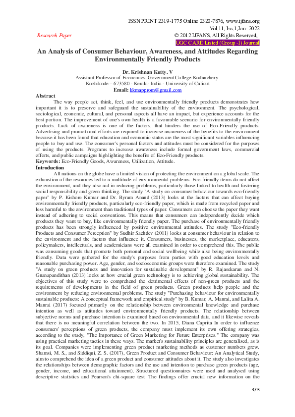 (PDF) An Analysis of Consumer Behaviour, Awareness, and Attitudes Regarding Environmentally ...