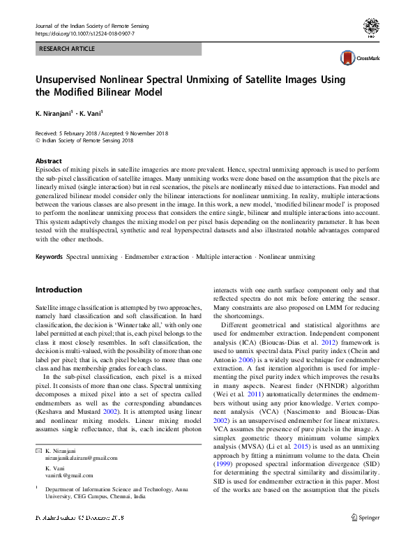 (PDF) Unsupervised Nonlinear Spectral Unmixing of Satellite Images Using the Modified Bilinear Model
