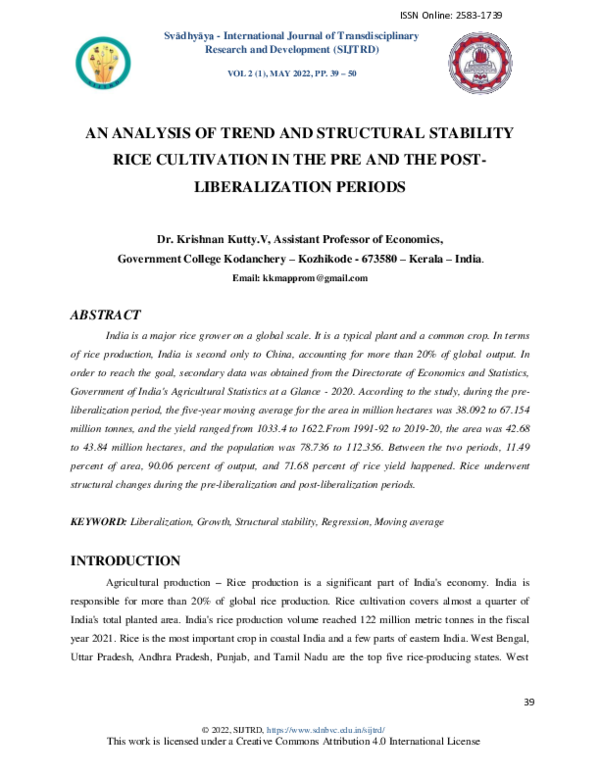 (PDF) AN ANALYSIS OF TREND AND STRUCTURAL STABILITY RICE CULTIVATION IN ...