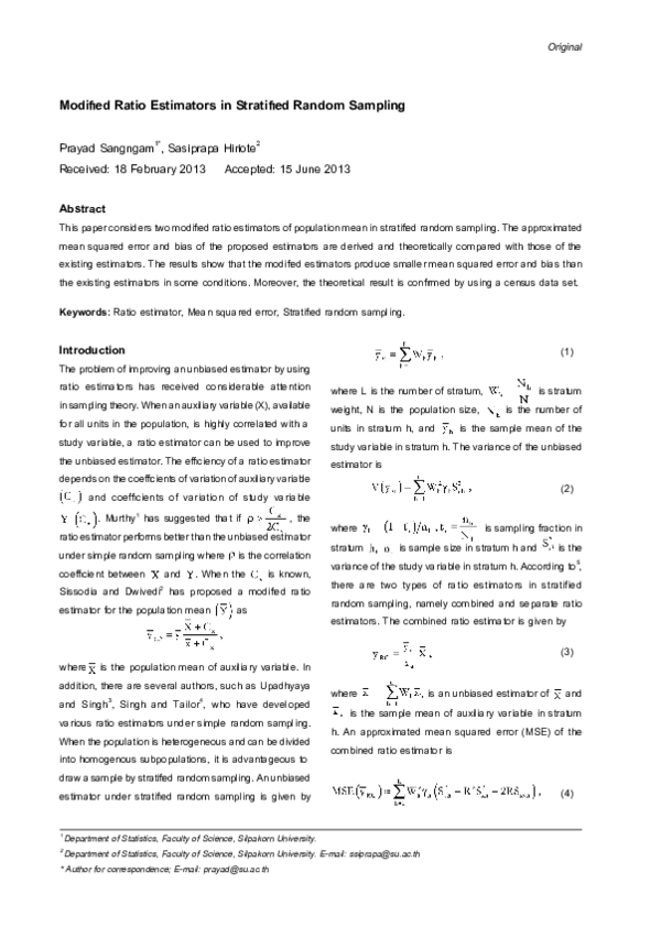 Pdf Modified Ratio Estimators In Stratified Random Sampling