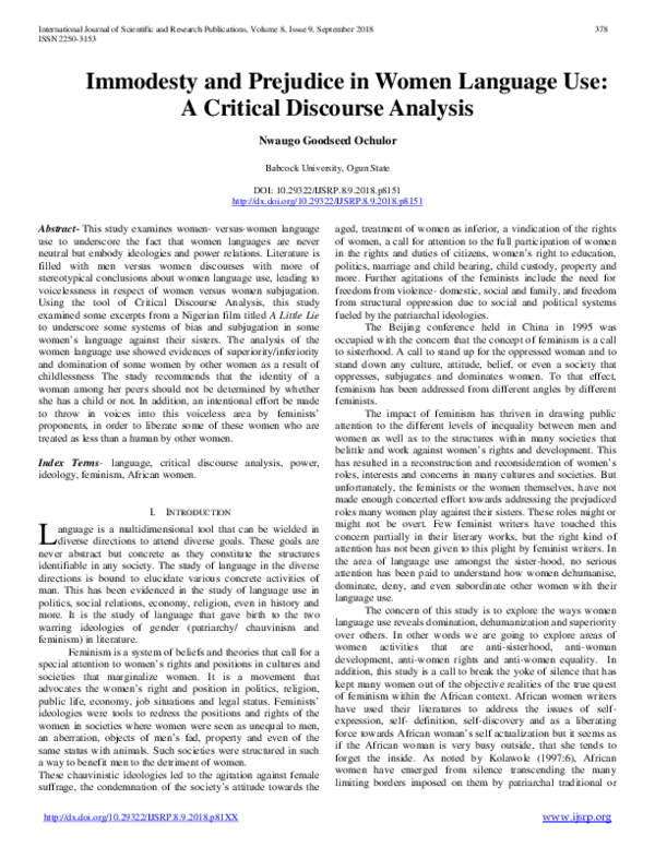 (PDF) Immodesty and Prejudice in Women Language Use: A Critical ...