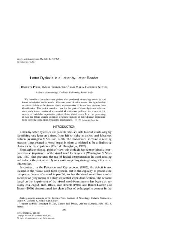 (PDF) Letter Dyslexia in a Letter-by-Letter Reader