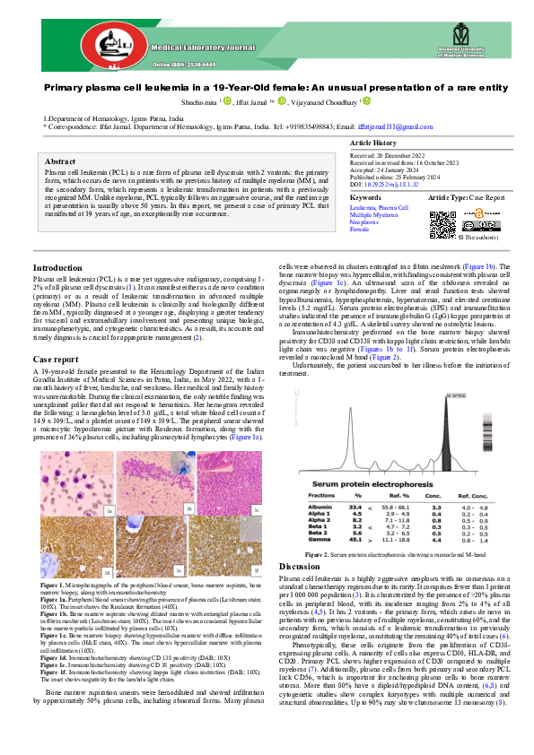 (PDF) Primary plasma cell leukemia in a 19-Year-Old female: An unusual ...