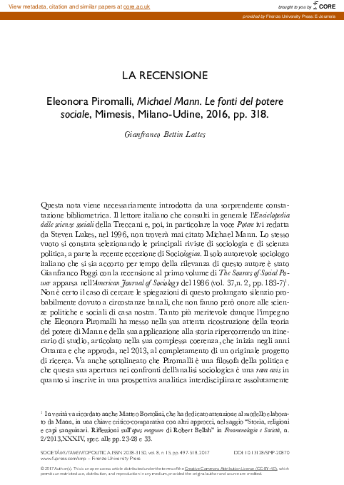(PDF) Eleonora Piromalli, Michael Mann. Le fonti del potere sociale