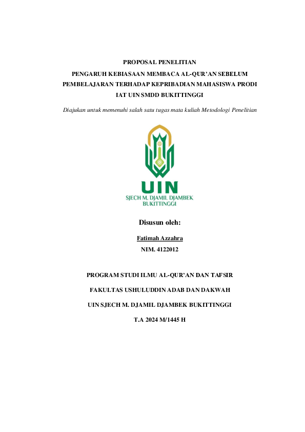 (PDF) PROPOSAL PENELITIAN : PENGARUH KEBIASAAN MEMBACA AL-QUR’AN SEBELUM PEMBELAJARAN TERHADAP ...