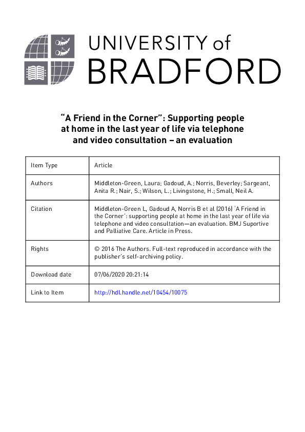 (PDF) ‘A Friend in the Corner’: supporting people at home in the last year of life via telephone ...