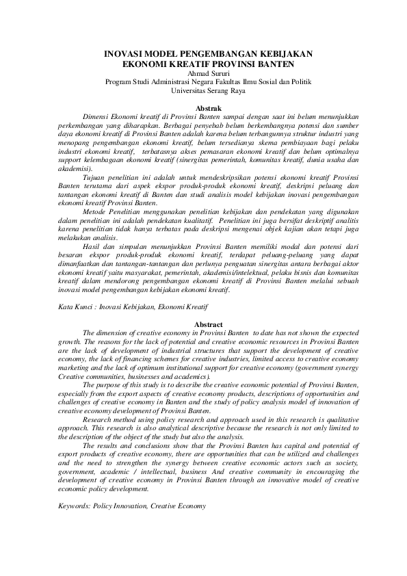 (PDF) Inovasi Model Pengembangan Kebijakan Ekonomi Kreatif Provinsi Banten