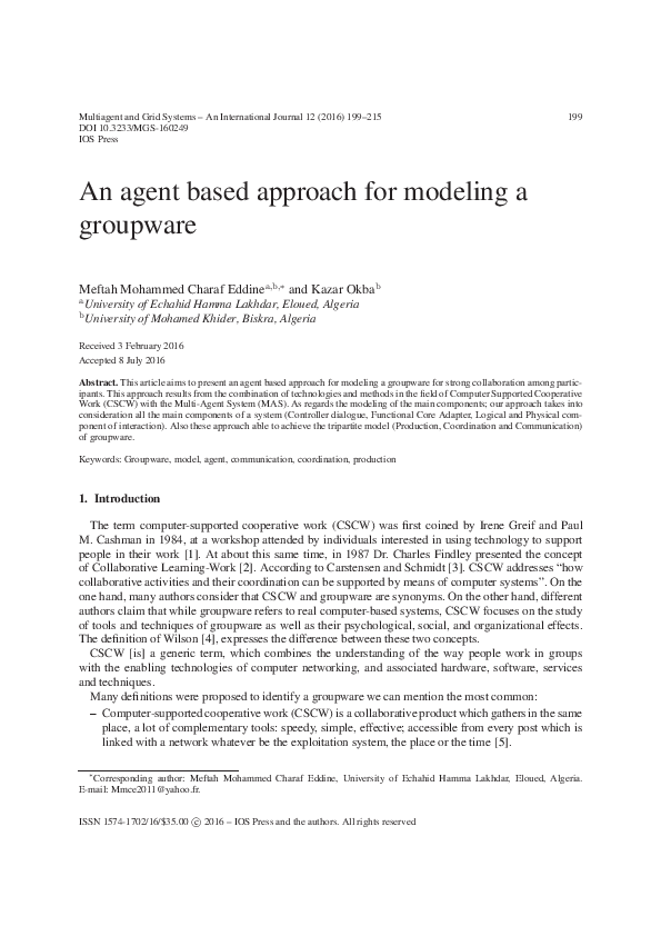 (PDF) An agent based approach for modeling a groupware | Okba Kazar - Academia.edu