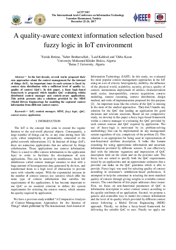 (PDF) A quality-aware context information selection based fuzzy logic in IoT environment