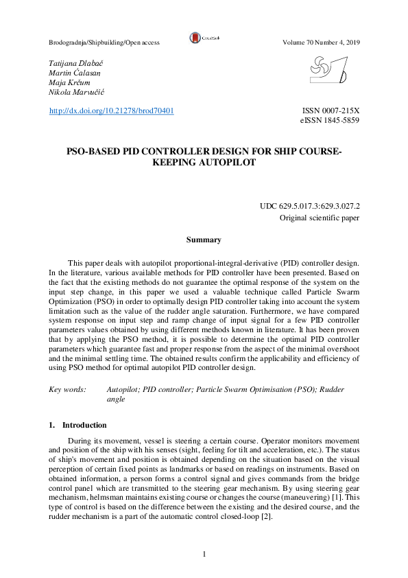 (PDF) Pso-Based Pid Controller Design for Ship Course-Keeping Autopilot