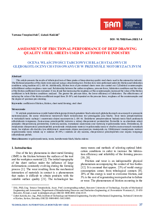 (PDF) Assessment of frictional performance of deep drawing quality steel sheets used in ...